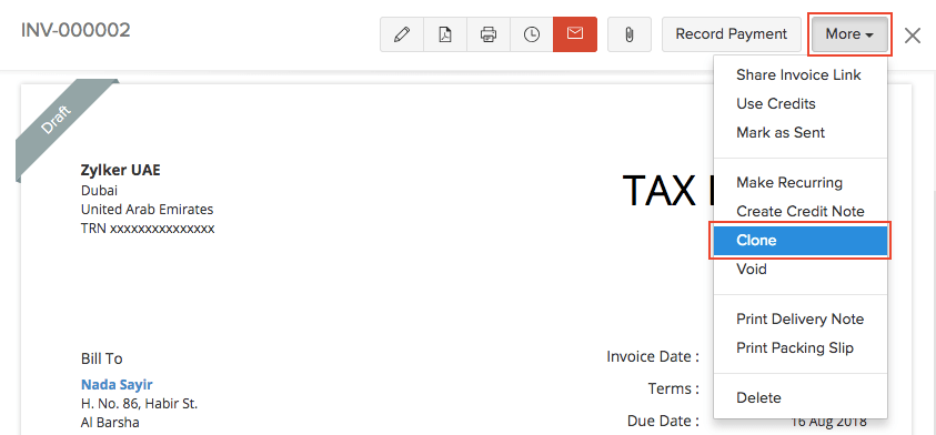 Other Actions for Invoice | Help | Zoho Books