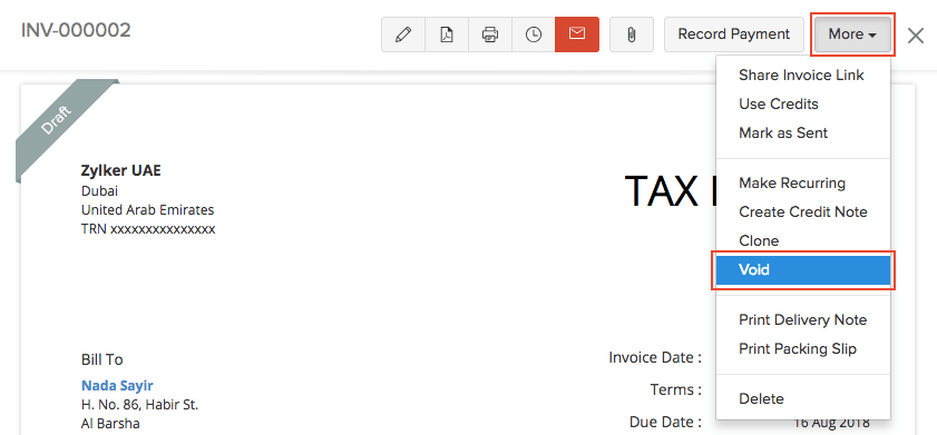 Other Actions for Invoice | Help | Zoho Books