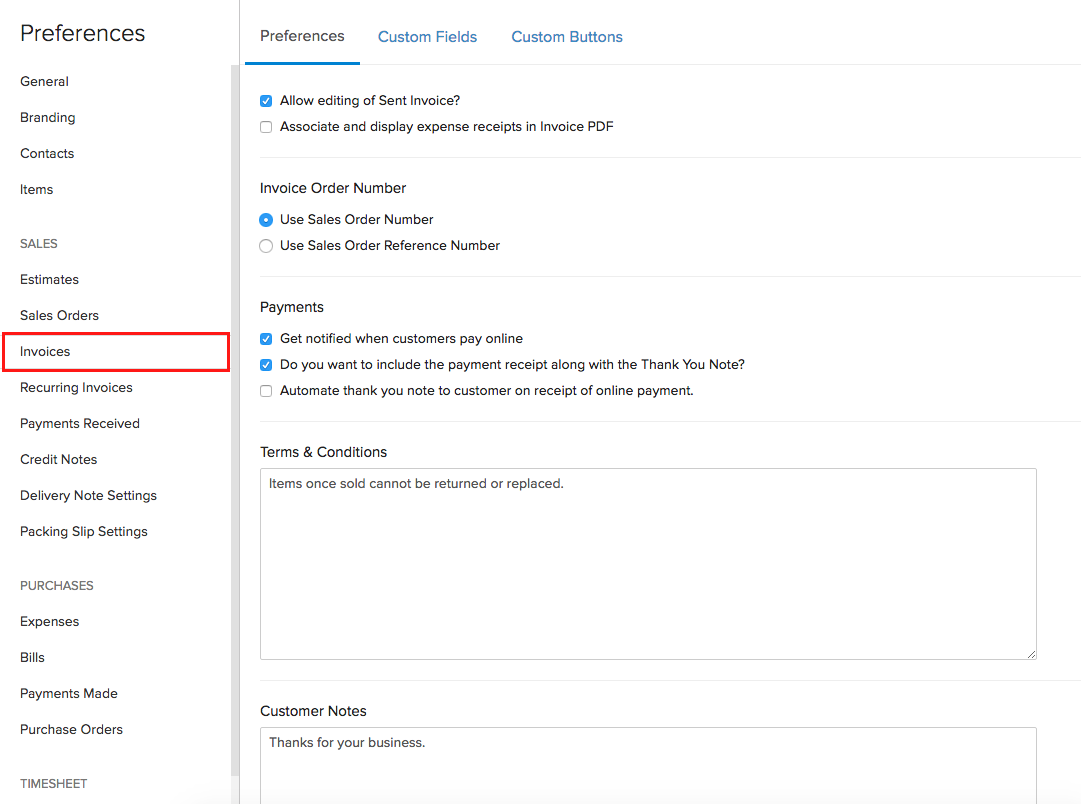 Preferences | Help | Zoho Books