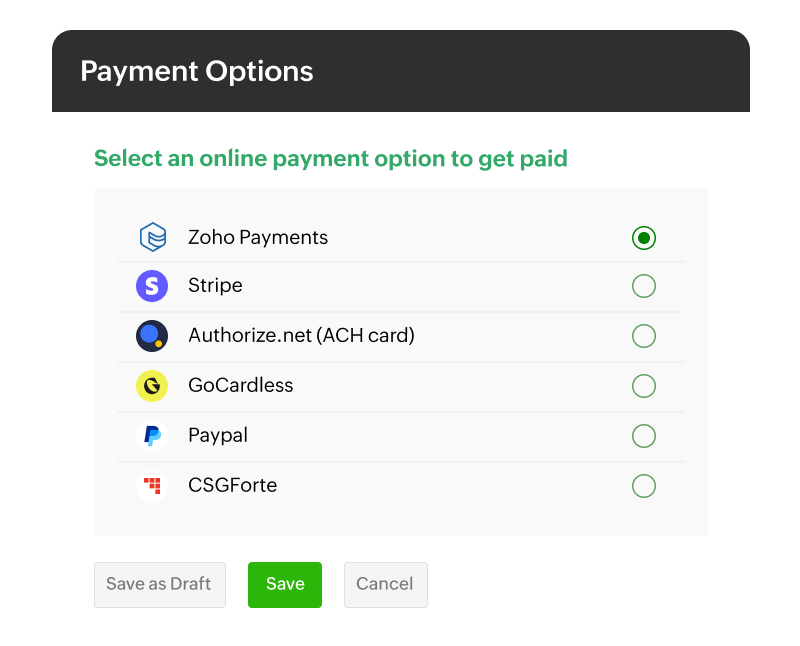 Smart payment gateway options for businesses | Zoho Billing