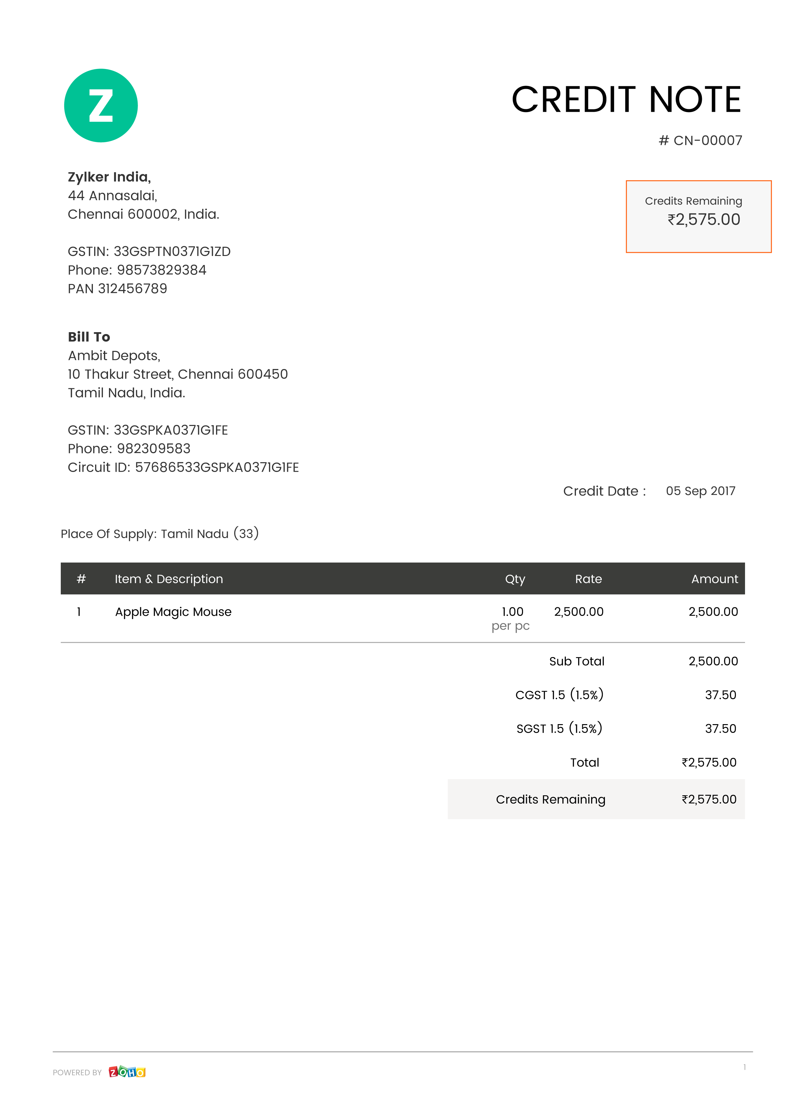 Credit Note | Zoho Books Credit Note | Zoho Books
