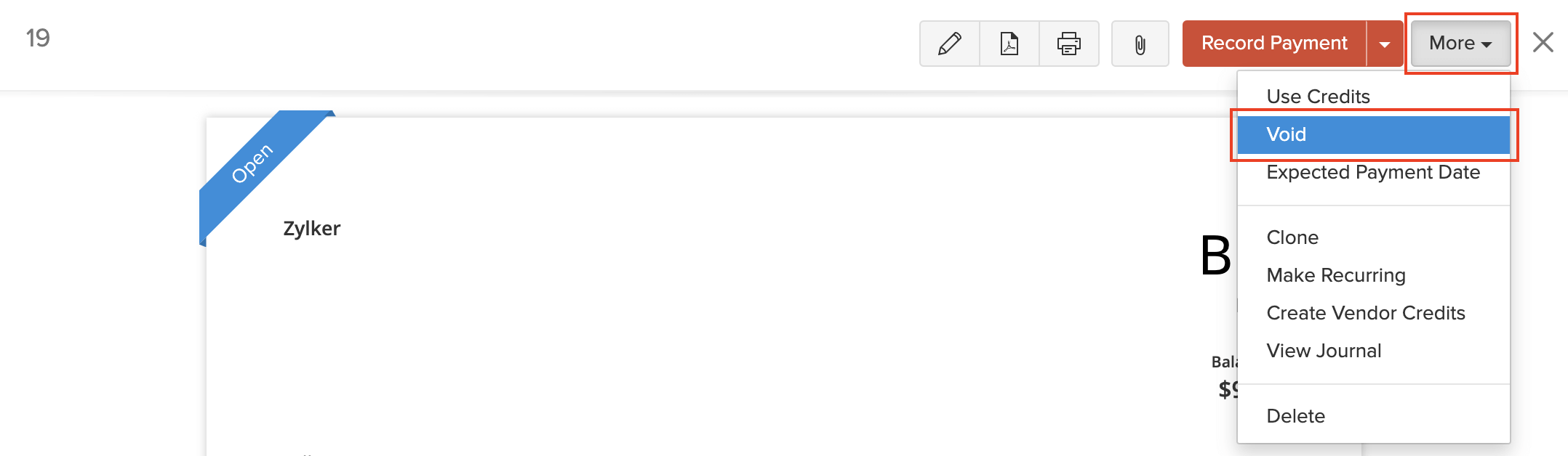 Other Actions For Bills Help Zoho Books