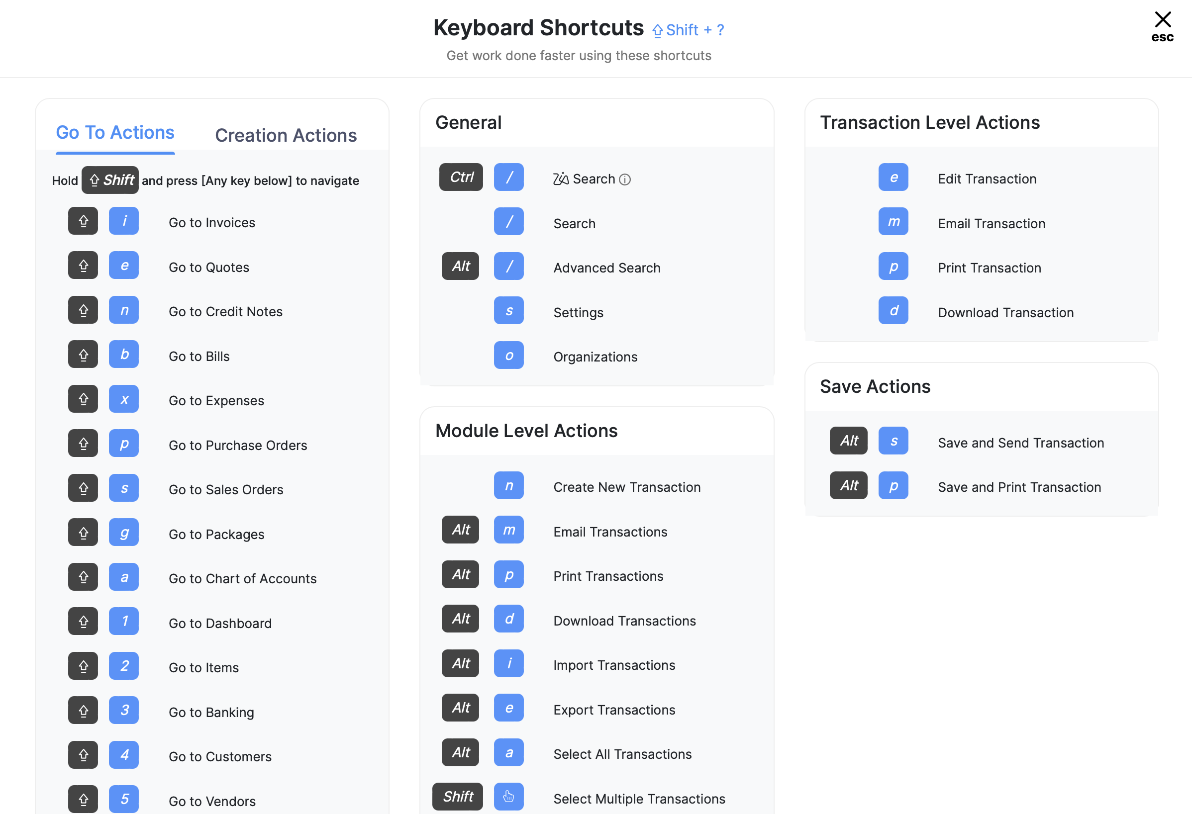 Keyboard Shortcuts Help Zoho Books