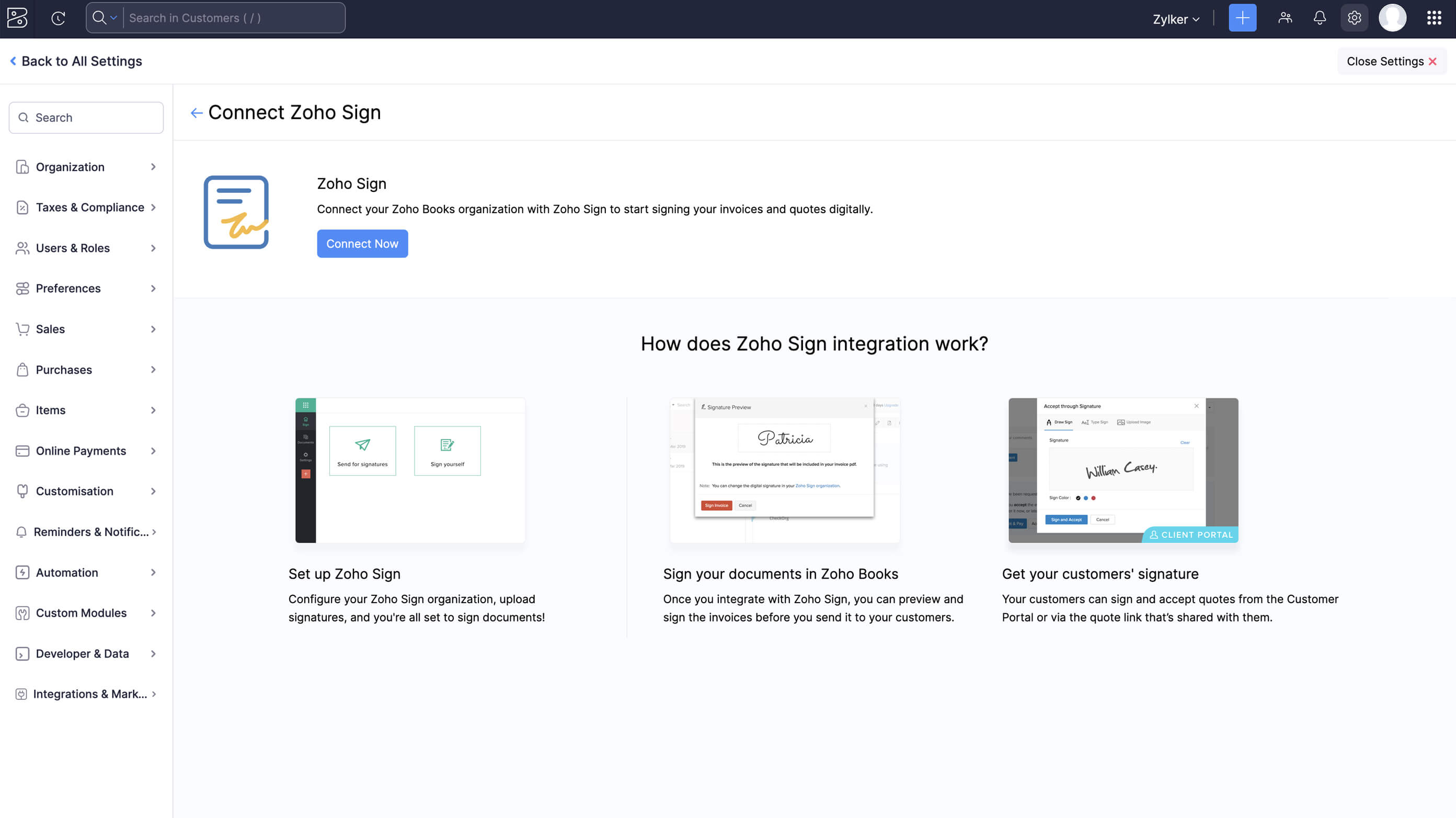 Zoho Books - Zoho Sign | Integration