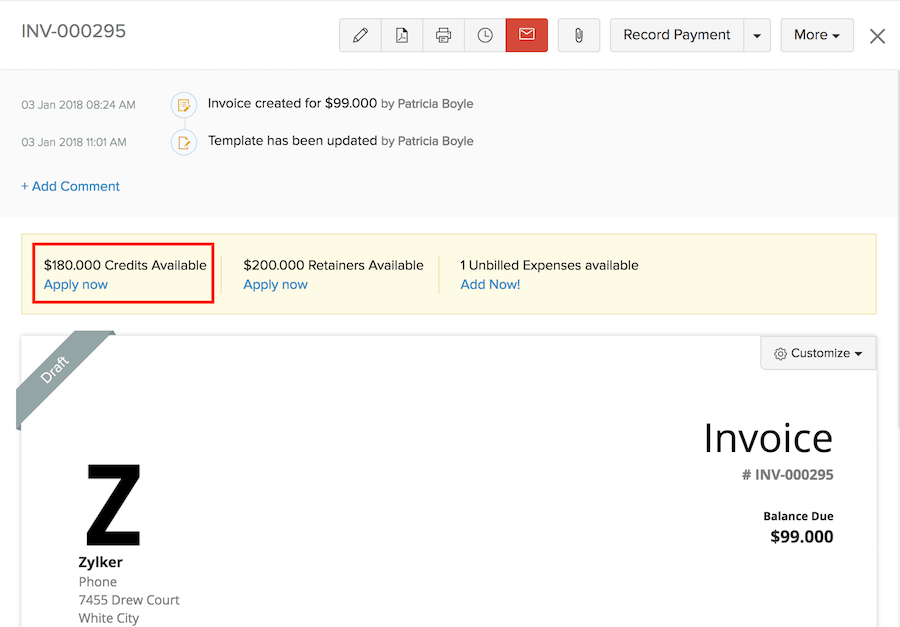 Online and Offline Payments, Apply credits to invoices | Help - Zoho ...