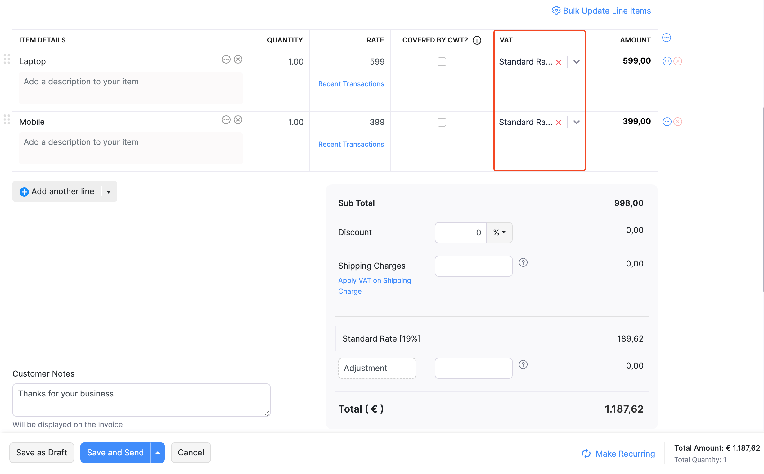 VAT in Sales | Help | Zoho Invoice