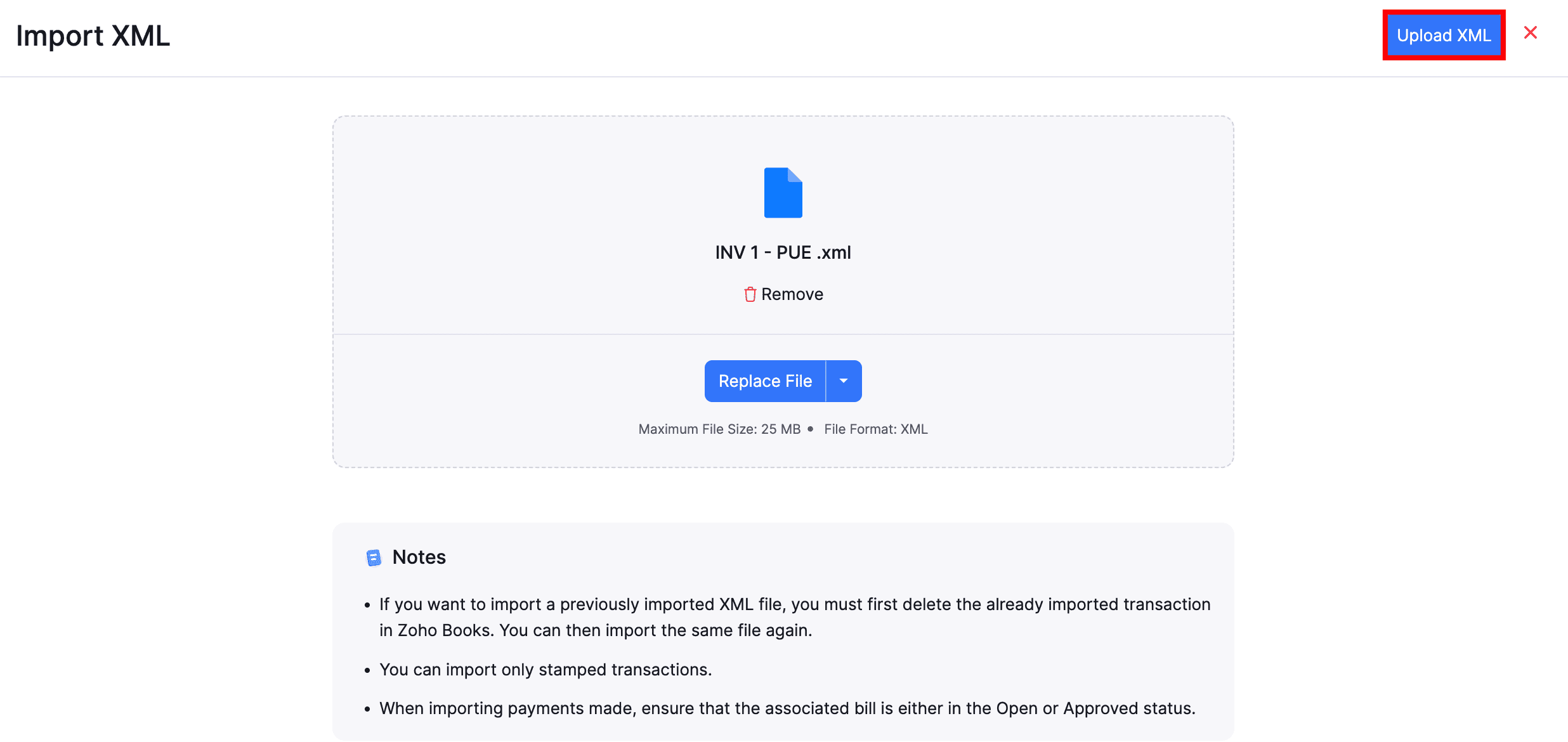 Importar fle XML | Preguntas frecuentes | Zoho Books