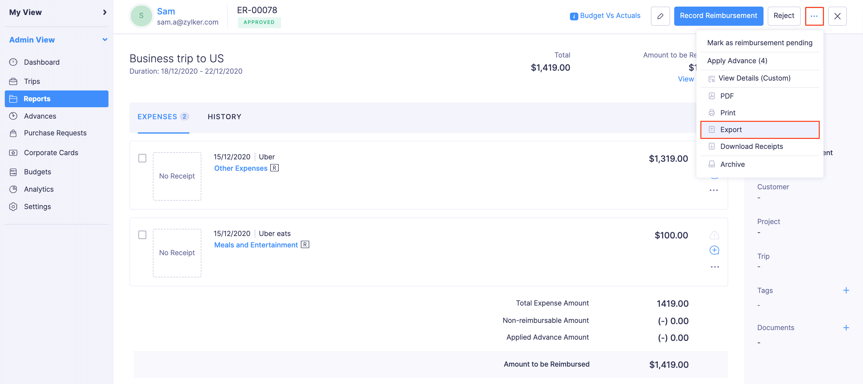 Export Reports Reports User Guide Zoho Expense