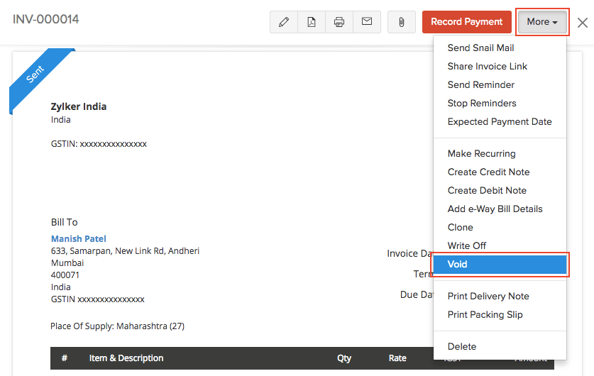 Other Actions for Invoice | Help | Zoho Books