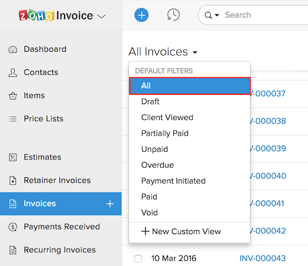 Invoice Customization - Custom Views, Filter Invoices | Help - Zoho Invoice
