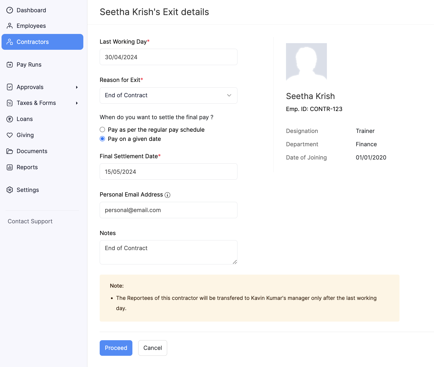 Handling Contractor Exits in Zoho Payroll | Help
