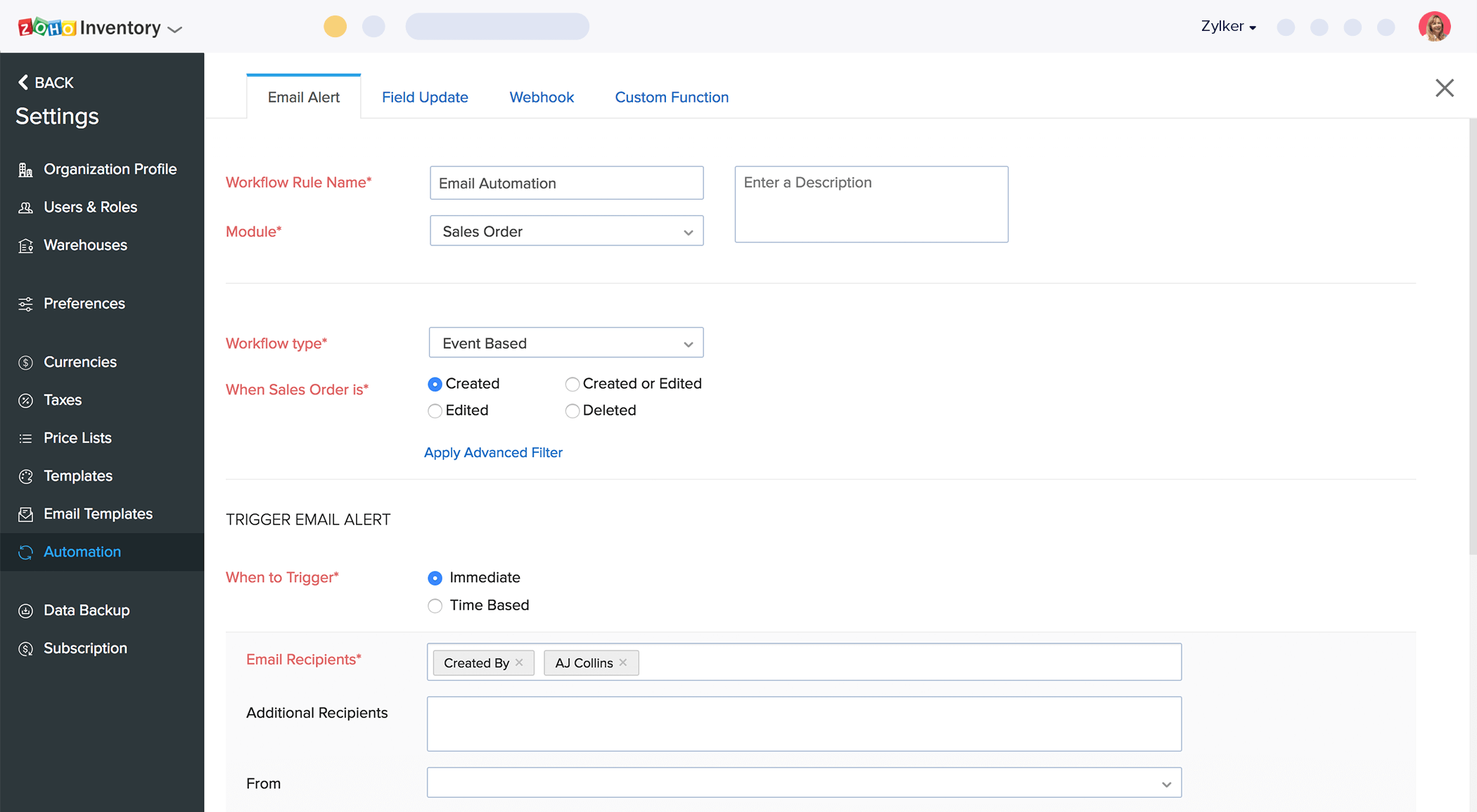 Email and field customization | Zoho Inventory