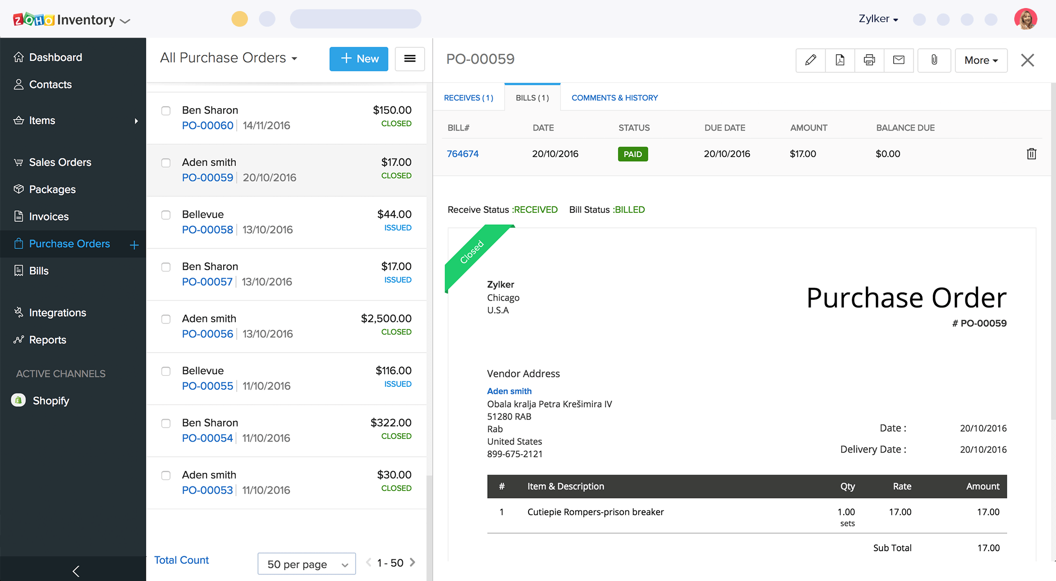 Manage purchase orders and billing for warehouses | Zoho Inventory