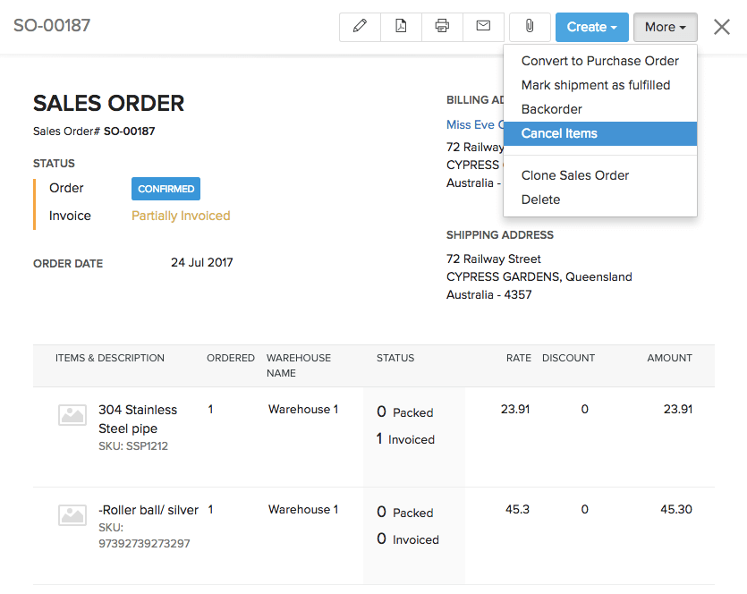 Canceling Items in a Sales Order:: Knowledge Base | Zoho Inventory Canceling Items in a Sales Order:: Knowledge Base | Zoho Inventory
