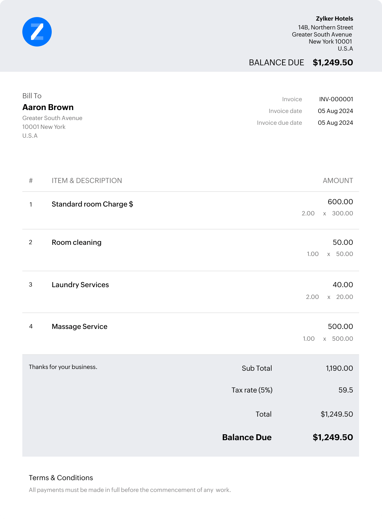 Hotel Invoice Template for download