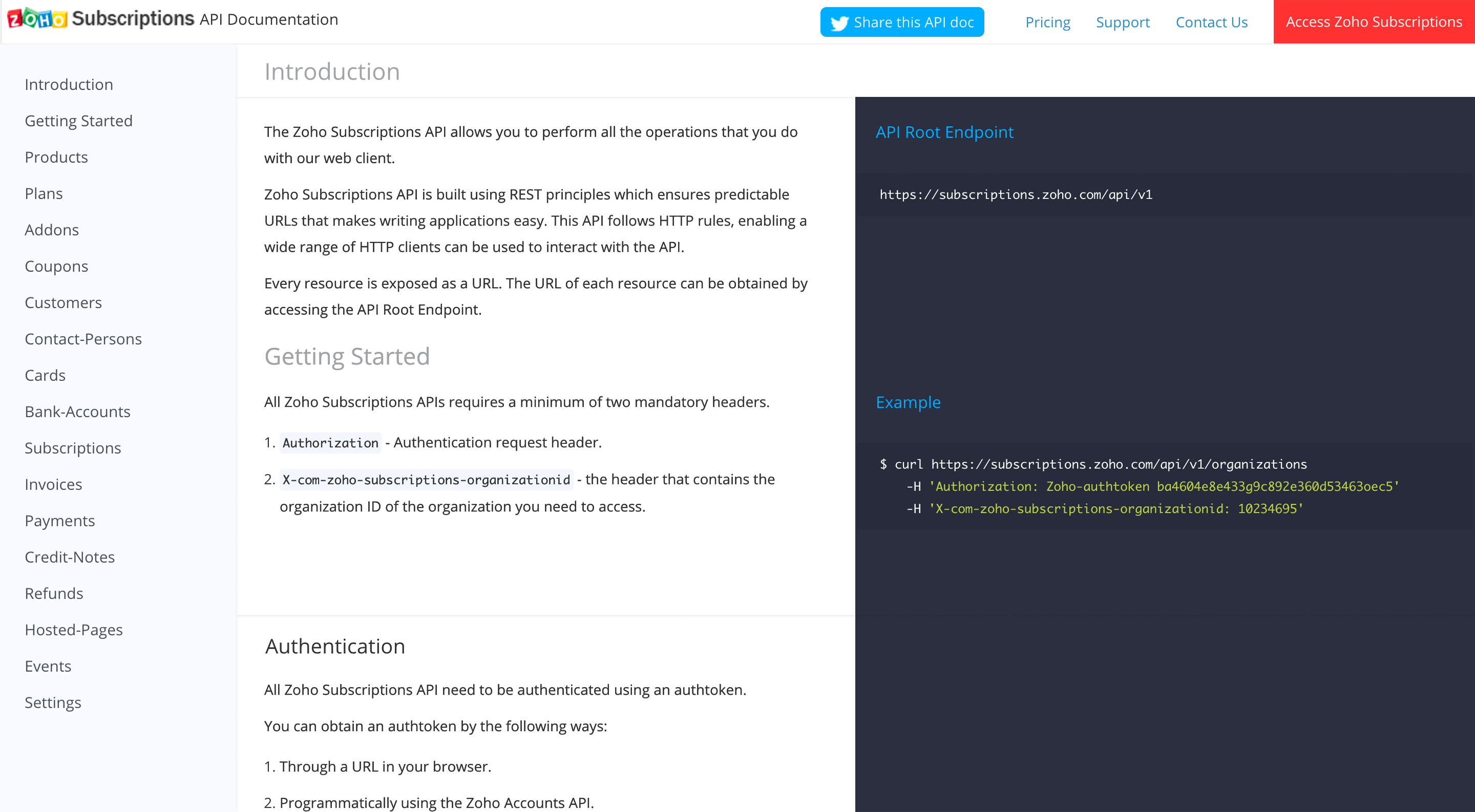 Developer APIs | Zoho Subscriptions
