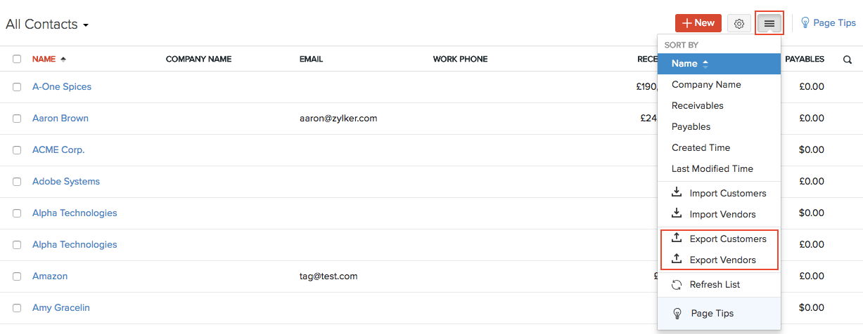 Other Actions for Contacts | Help | Zoho Books