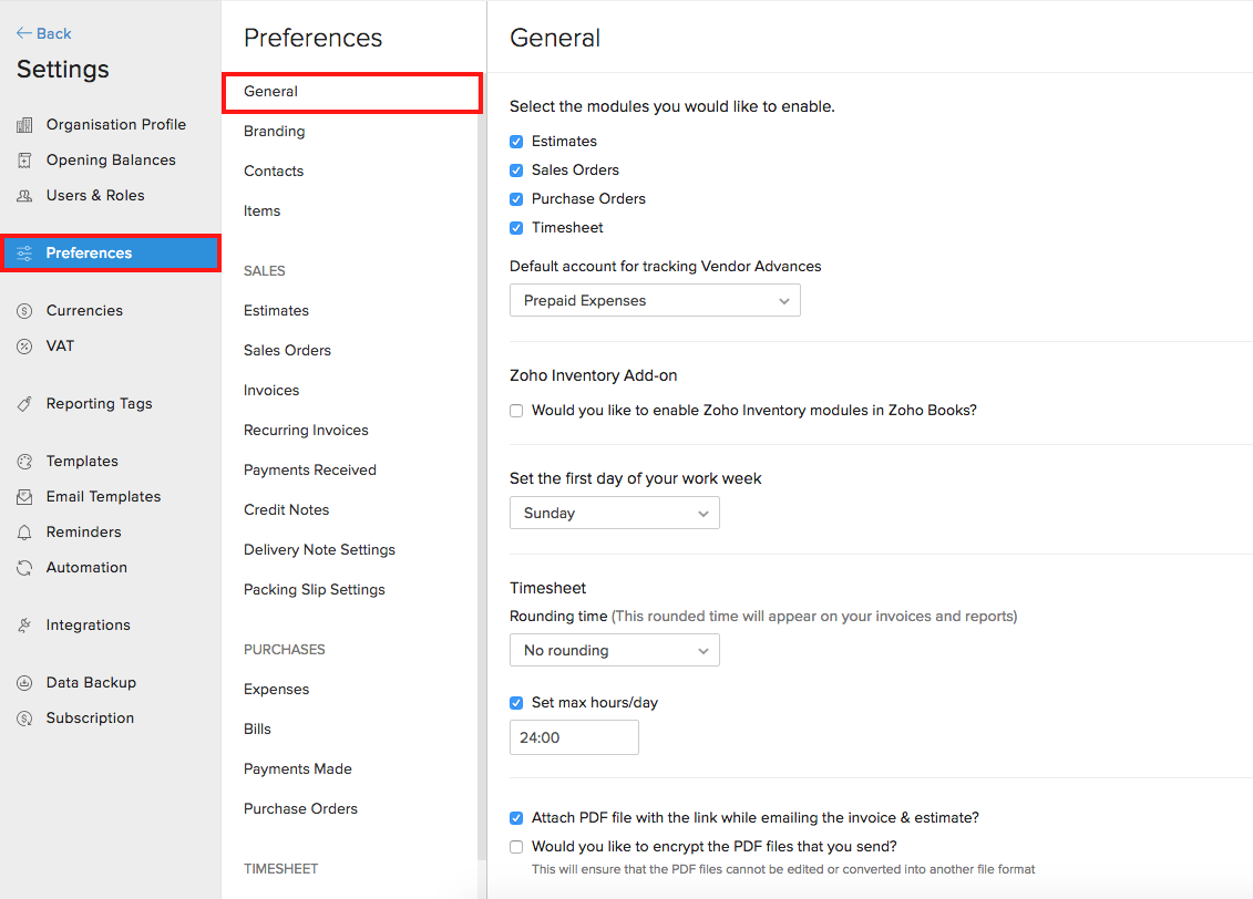 Preferences | Help | Zoho Books