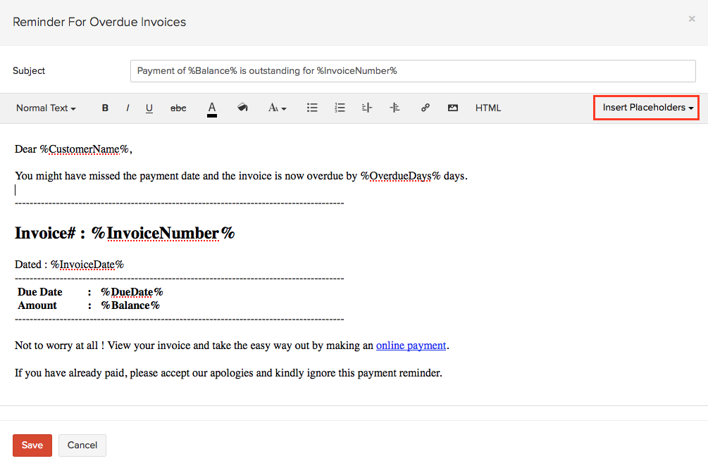Reminders | Help | Zoho Books